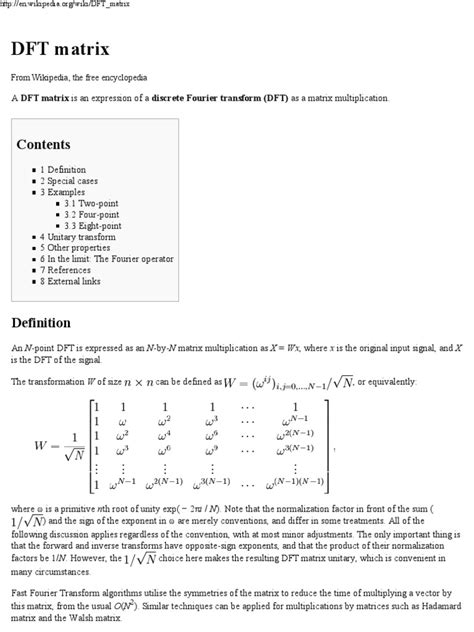 Dft Matrix Wikipedia Pdf Discrete Fourier Transform Signal Processing