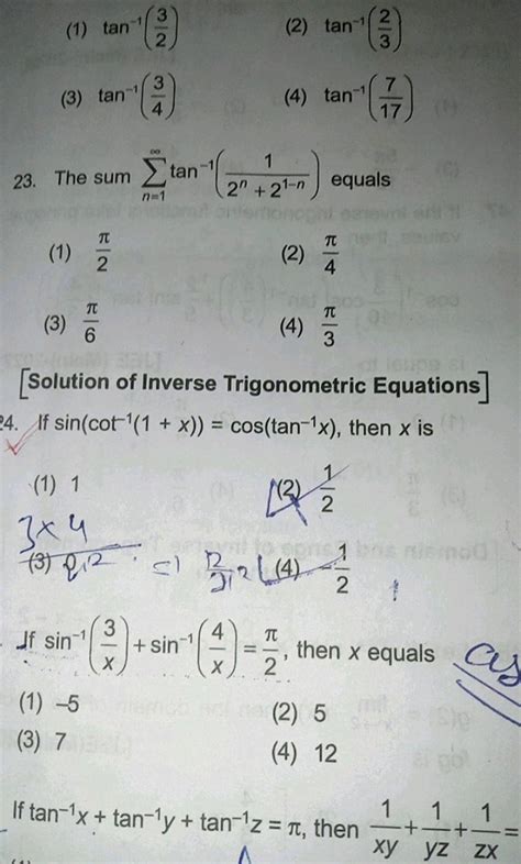 Solution Of Inverse Trigonometric Equations 4 If Sincot−11xcost