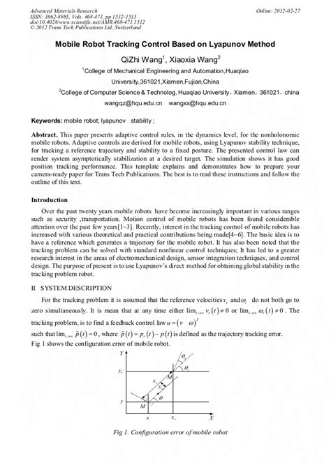 Mobile Robot Tracking Control Based On Lyapunov Method Scientificnet