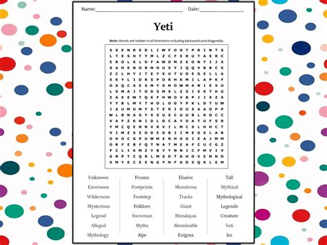 Yeti Word Search Puzzle Worksheet Activity Teaching Resources