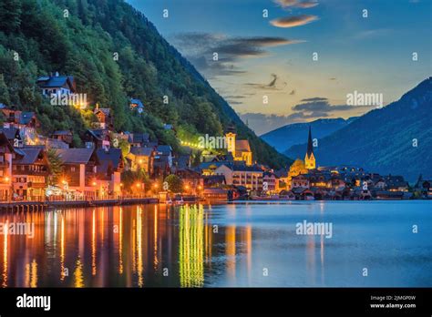 Hallstatt Austria Nature Night Landscape Of Hallstatt Village With