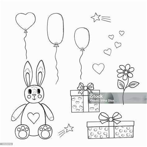 선물 장난감 토끼 풍선 선물 상자 꽃 마음 발렌타인 데이와 생일을 위한 세트 손으로 그린 낙서 스케치 요소 흰색 배경에 격리된 스톡 벡터 개요 그림 0명에 대한 스톡 벡터
