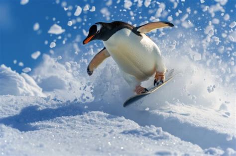Premium Photo Generative Ai Illustration Of Emperor Penguin Snowboarding