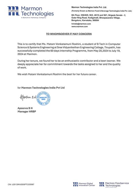 Matam Venkatamuni Roshini On Linkedin 🌟 Internship Experience At Marmon Technologies India Pvt