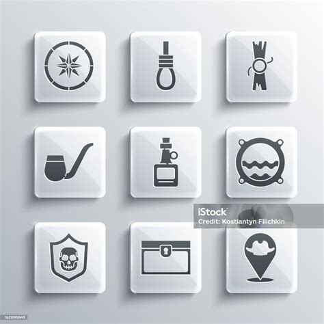 골동품 보물 상자 위치 해적 바다 풍경이 있는 선박 현창 알코올 음료 럼 방패 두개골 흡연 파이프 나침반과 법령 양피지 스크롤 아이콘을 설정합니다 벡터 검에 대한 스톡 벡터