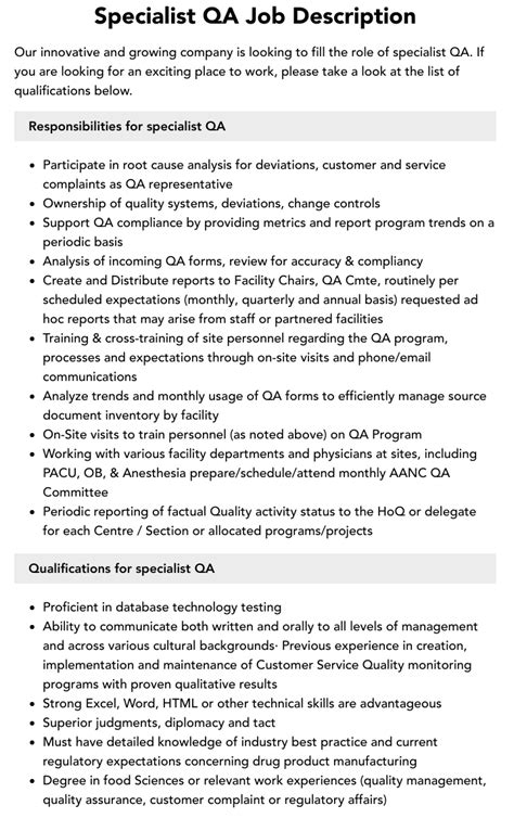 Specialist QA Job Description Velvet Jobs