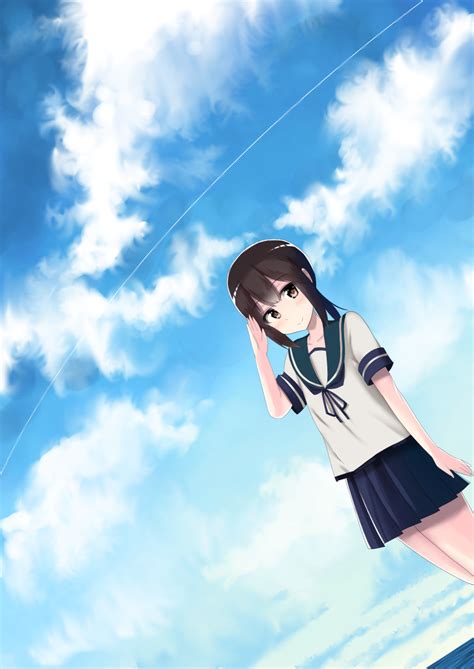 Safebooru 1girl Absurdres Bangs Blue Ribbon Blue Skirt Blue Sky Blush