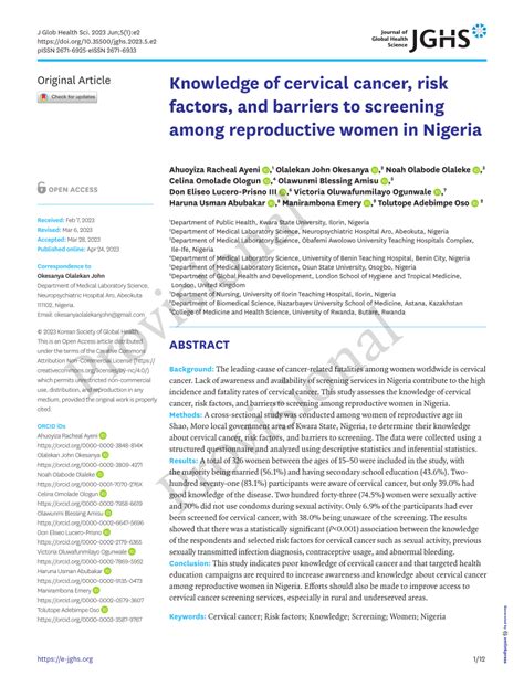 Pdf Knowledge Of Cervical Cancer Risk Factors And Barriers To