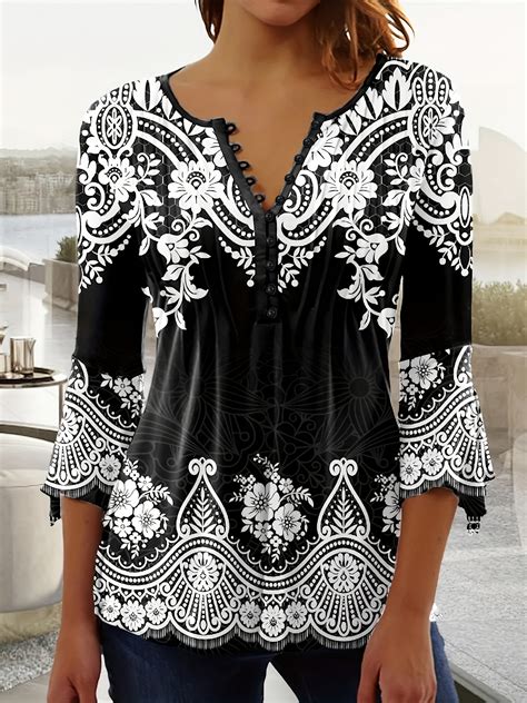 Plus Size Boho Top Womens Plus Paisley Print Half Sleeve Button Up V