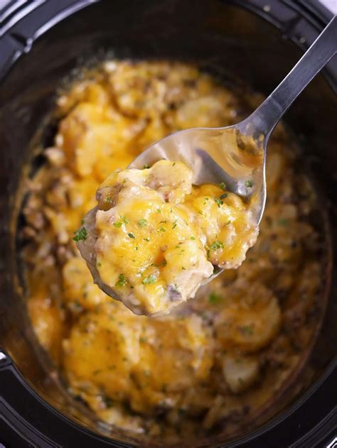 Cheesy Ground Beef And Potato Casserole Slow Cooker This Mom Cooks