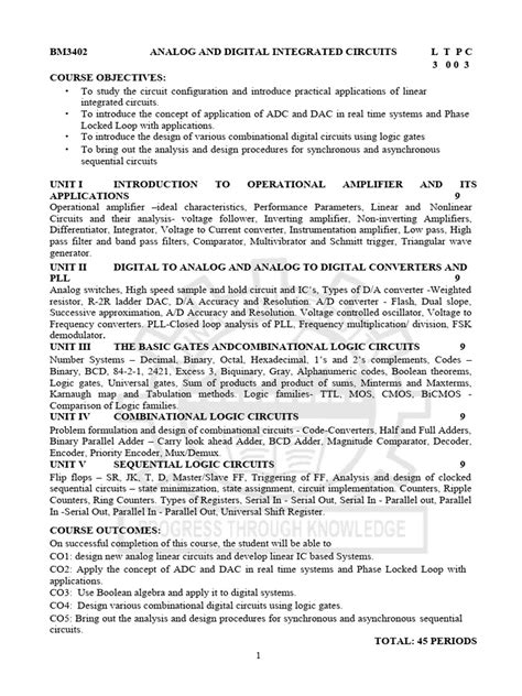Syllabus Analog And Digital Integrated Circuit Pdf Analog To Digital Converter Digital To