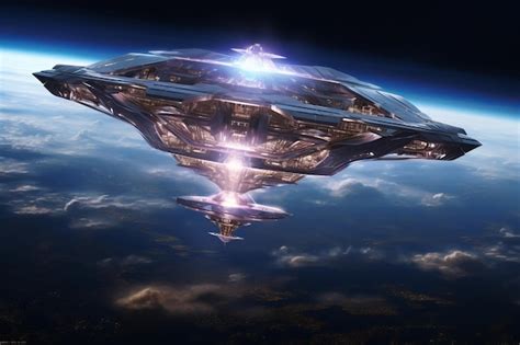 Premium Photo Quantum Gravity Matrix The Majestic Futuristic Spaceship Suspended Above Earth