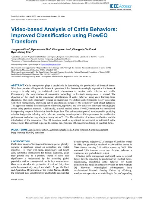 Pdf Video Based Analysis Of Cattle Behaviors Improved Classification Using Floweq Transform