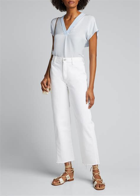 Vince V Neck Short Sleeve Rib Trim Silk Blouse Bergdorf Goodman