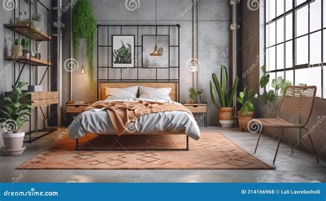 Modern Industrial Style Bedroom Interior With Concrete Walls Stock