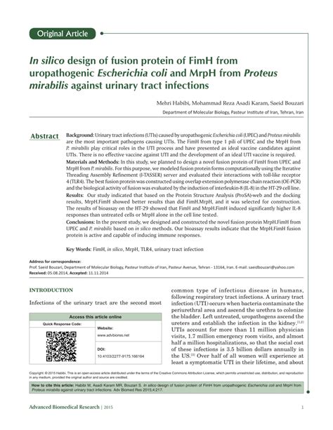 Pdf In Silico Design Of Fusion Protein Of Fimh From Uropathogenic