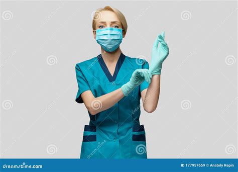 Medical Doctor Nurse Woman With Stethoscope Wearing Protective Mask And