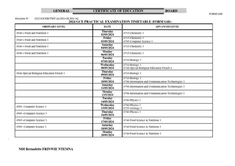 2024 Gce Practicals Timetable Pdf Food Science