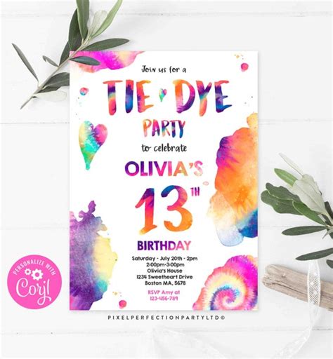 Editable Tie Dye Birthday Party Invitation Hippie Birthday Party Invite