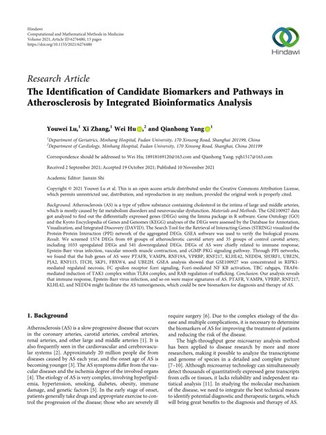 Pdf The Identification Of Candidate Biomarkers And Pathways In Atherosclerosis By Integrated