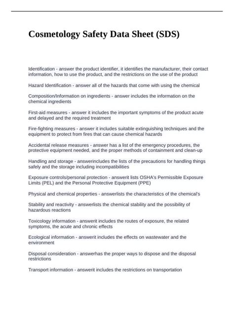 Cosmetology Safety Data Sheet Sds Questions With Solutions Sds