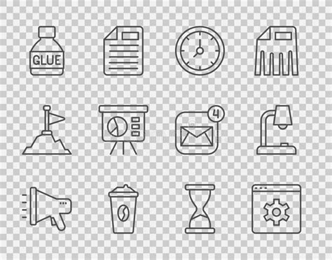 Set Line Megaphone Browser Setting Clock Coffee Cup To Go Glue