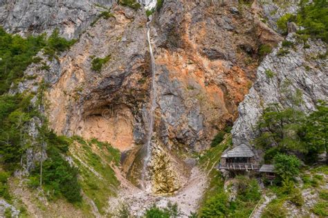 An Aerial View Of The Rinka Waterfall In Logar Valley Slovenia Stock Image Image Of Park