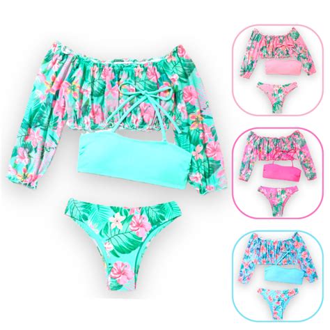 Kit Biquíni Juvenil 3 Peças Moda Praia Piscina Verão Saida Blusinha