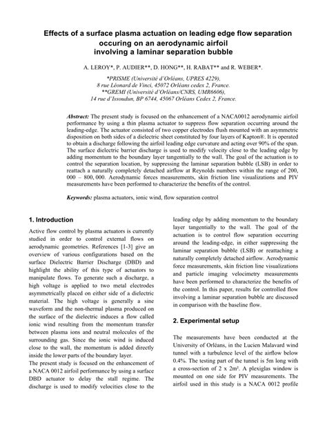 Pdf Effects Of A Surface Plasma Actuation On Leading Edge Flow