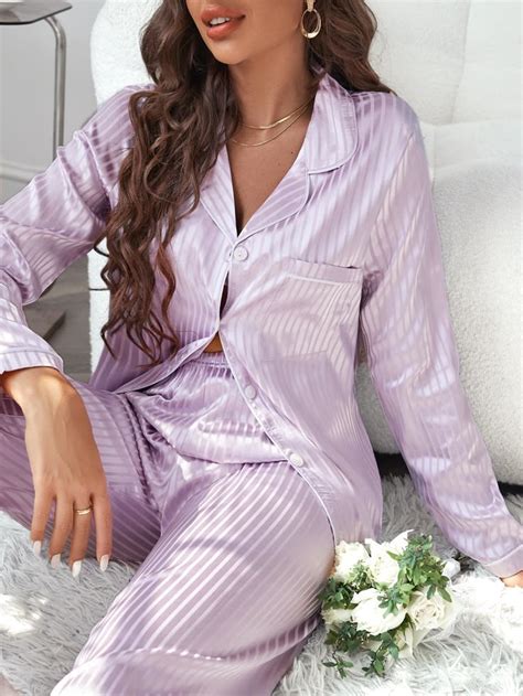 Striped Pocket Front Contrast Piping Satin Pj Set Purple Pajamas
