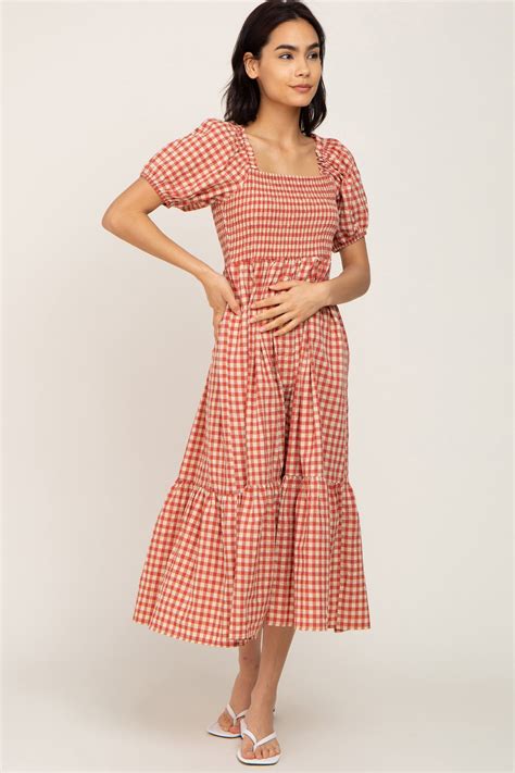 Rust Gingham Smocked Maternity Midi Dress Pinkblush