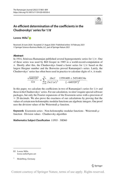 An Efficient Determination Of The Coefficients In The Chudnovskys Series For 1pi Request Pdf
