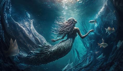 Premium Photo Fantasy Beautiful Cute Mermaid In Under Deep Sea