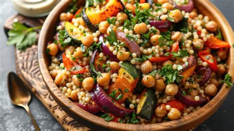 A Colorful Salad Featuring Couscous Roasted Vegetables Chickpeas And