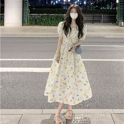 여름 플레어 꽃무늬 원피스 반팔 롱 원피스 EJ0114