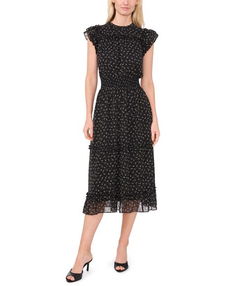 Cece Flutter Sleeve Smocked Waist Ditsy Floral Midi Dress In Black Lyst