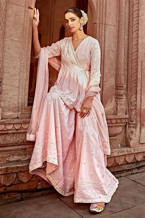 Buy Pink Peplum Top Cotton Mulmul Embroidery Thread Angrakha Sharara