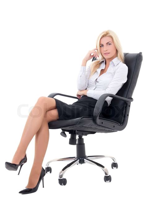 Sexy Business Woman Sitting In Office Chair Isolated On White Stock