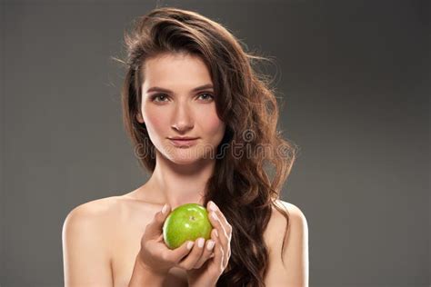 Beautiful Brunette Girl With Fresh Green Apple Stock Image Image Of