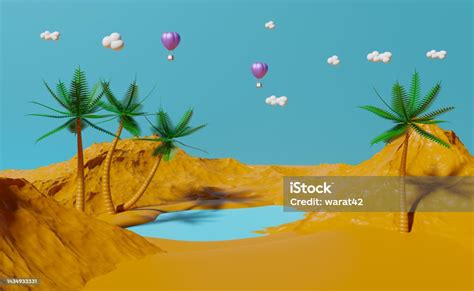 모래와 야자수의 오아시스와 풍경에 열기구가 있는 호수 구성 3d 그림 또는 3d 렌더링 0명에 대한 스톡 사진 및 기타 이미지