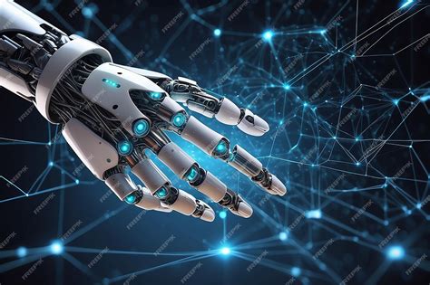 AI Machine learning Hands of robot and human touching on big data network connection background ...