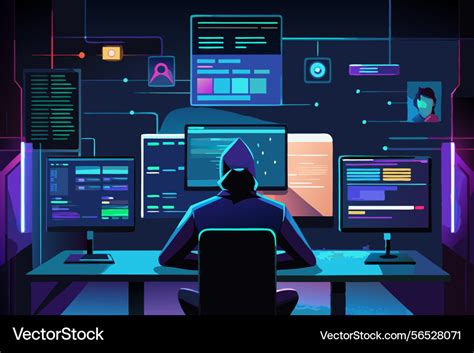 Futuristic Coding Workspace With Glowing Screens Vector Image