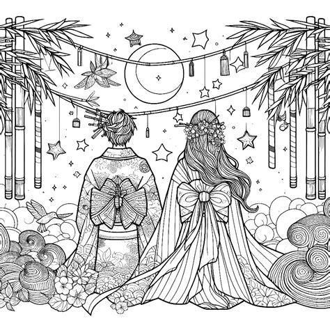 かわいい織姫と星を持つ彦星 印刷可能ぬりえ無料ダウンロード