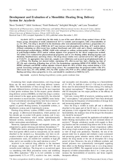 Pdf Development And Evaluation Of A Monolithic Floating Drug Delivery System For Acyclovir