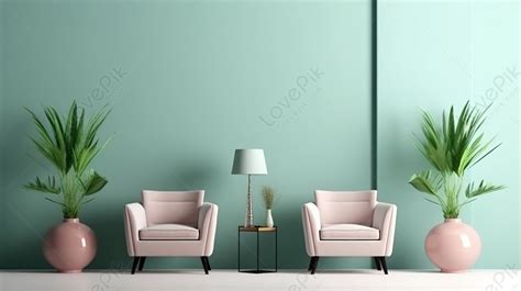 녹색 벽면의 부드러운 안락의자 식물과 램프를 갖춘 현대적인 파스텔 인테리어는 미니멀한 분위기를 선사합니다 살다 배경 현대적 배경 테리 배경 이미지 Hd 살다