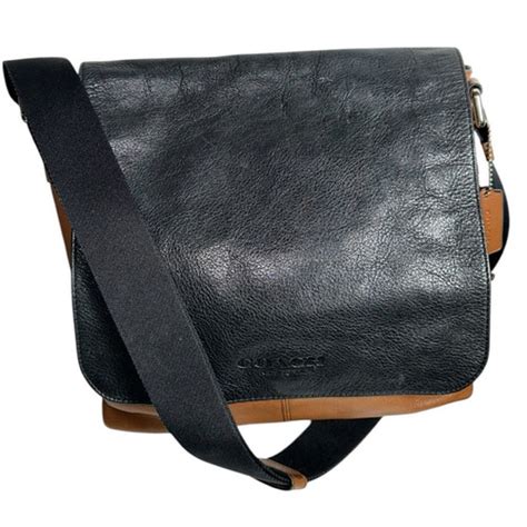 Coach Uni Sex Black Brown Leather Flap Closure Messenger Crossbody Bag Ebay
