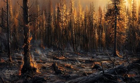 Charred Trees And Scorched Earth Forest Wildfire Aftermath Premium Ai