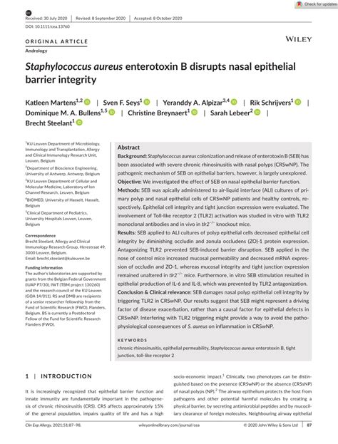 Pdf Staphylococcus Aureus Enterotoxin B Disrupts Nasal Epithelial Barrier Integrity