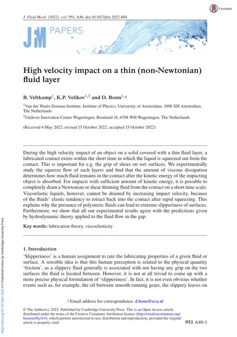 Pdf High Velocity Impact On A Thin Non Newtonian Fluid Layer