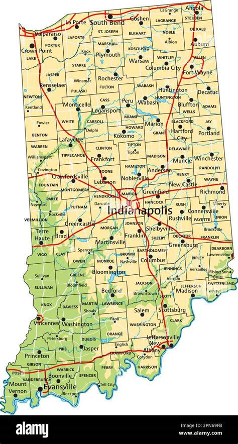 High Detailed Indiana Physical Map With Labeling Stock Vector Image